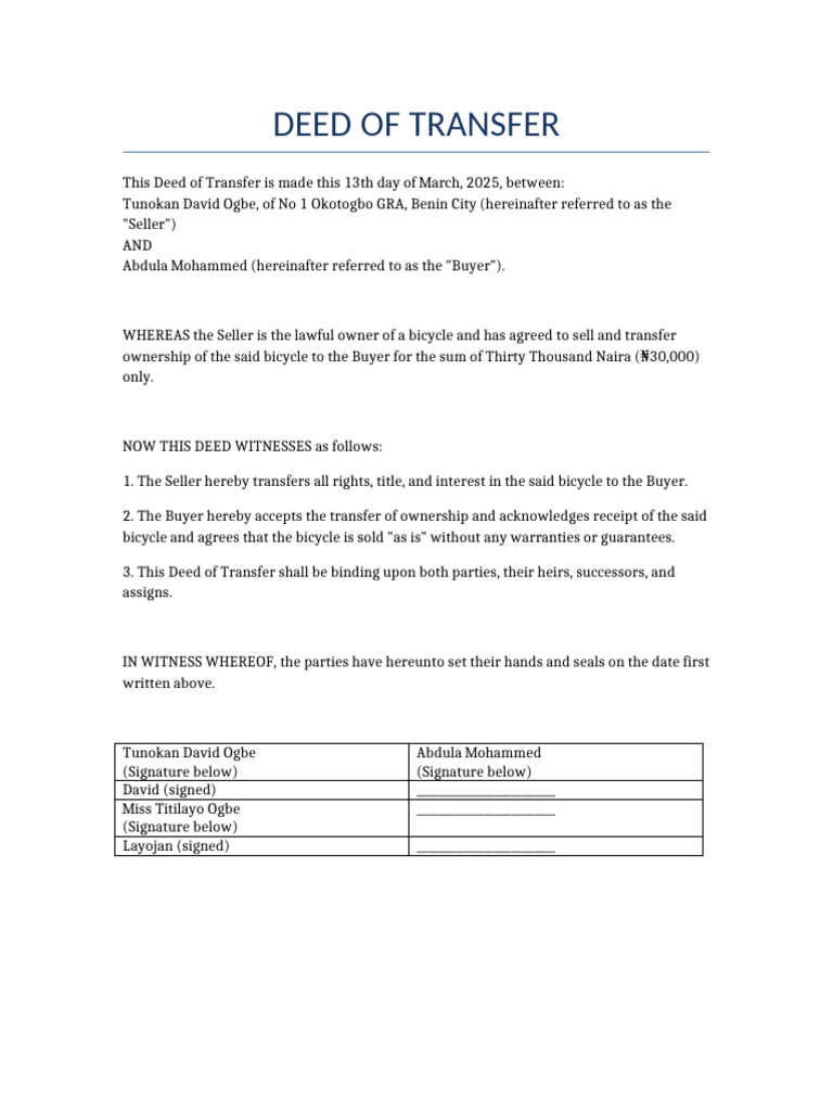 Bicycle Ownership Transfer Deed | PDF