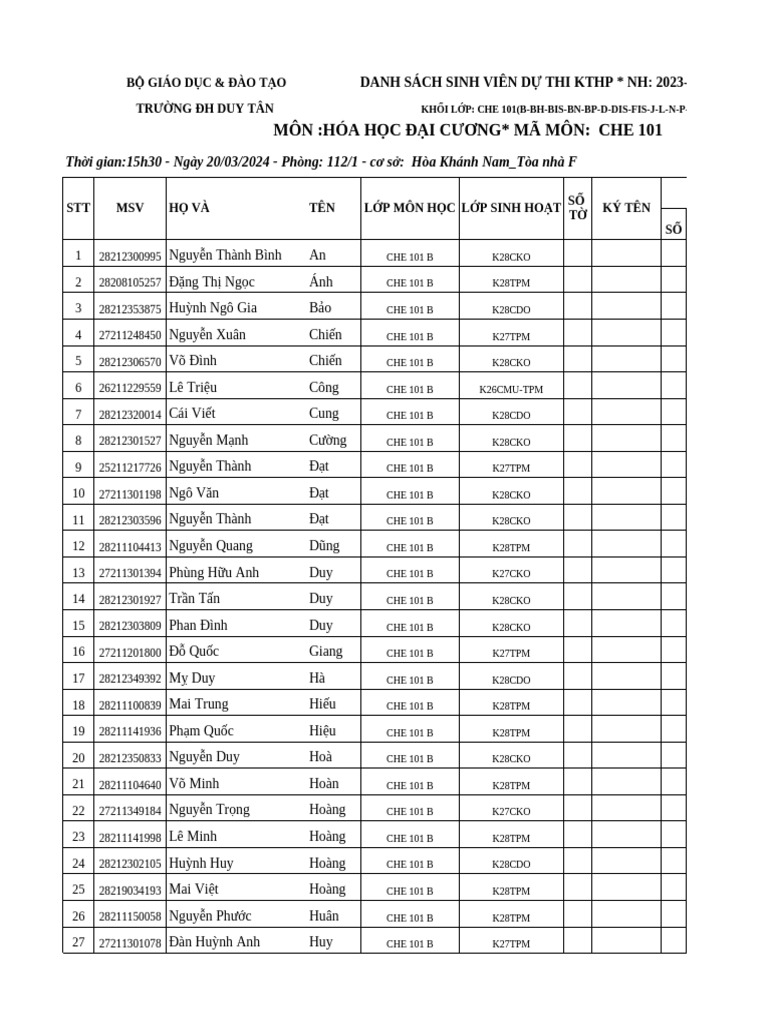 Hóa Học Đại Cương - CHE 101 (B-BH-BIS-BN-BP-D-DIS-FIS-J-L-N-P-R-T) | PDF