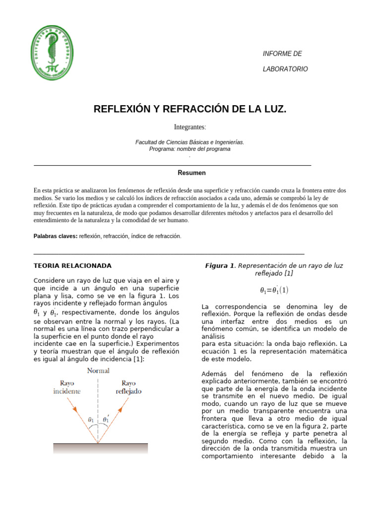 Informe de Reflexión y Refracción de La Luz | PDF | Reflexión (Física ...