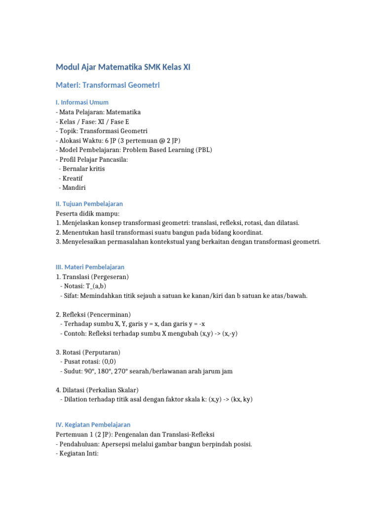 Modul Ajar Transformasi Geometri SMK Kelas XI | PDF