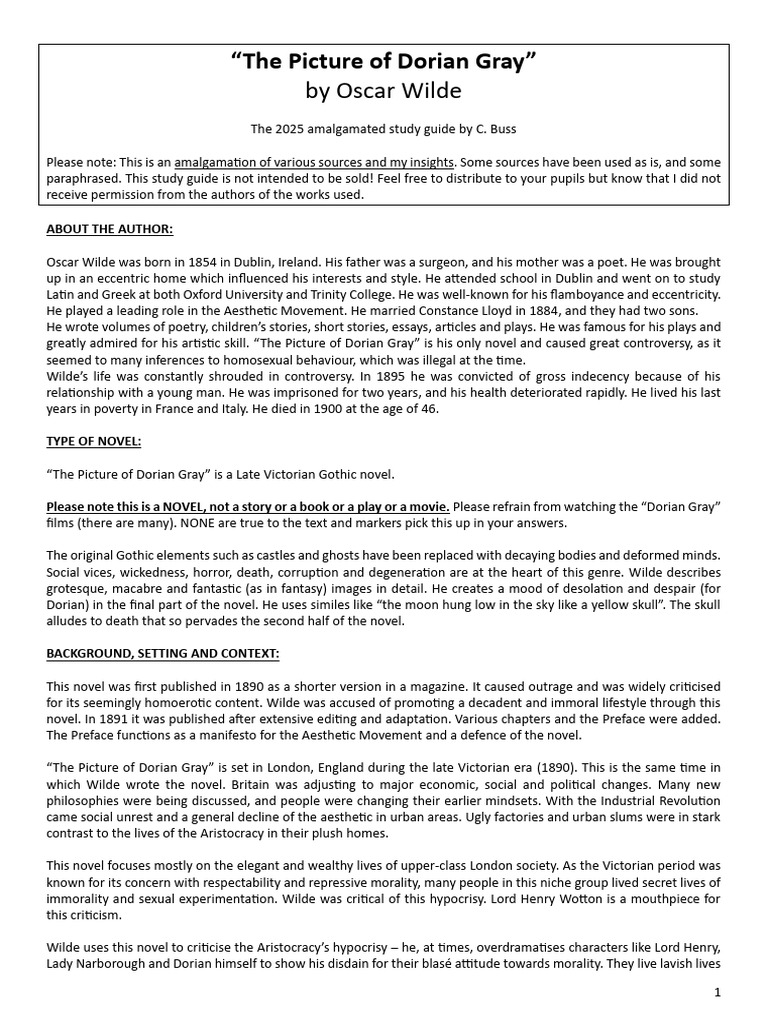 Dorian Gray Study Guide Overview | PDF | The Picture Of Dorian Gray