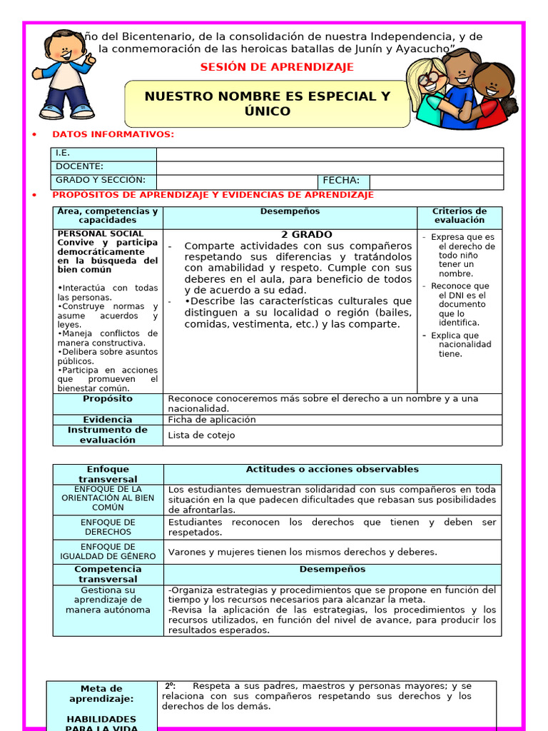 2º U7 S4 Sesion D1 PS Nuestro Nombre Es Especial y Unico | PDF ...