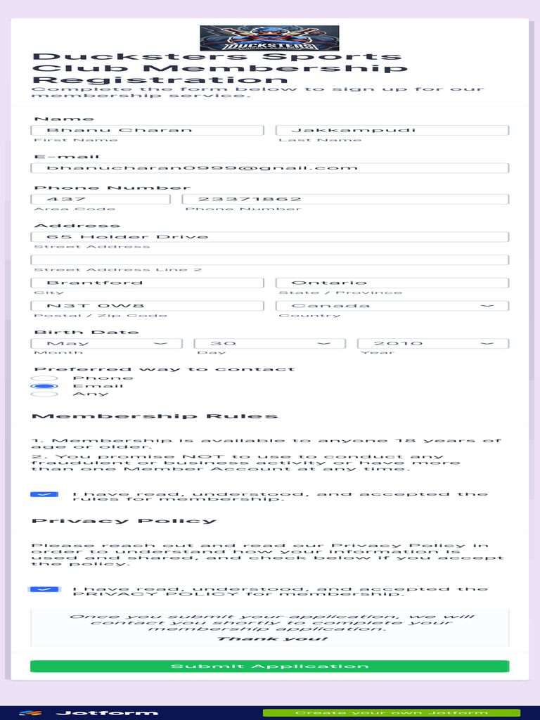 Ducksters Sport Club Membership Registration Form | PDF