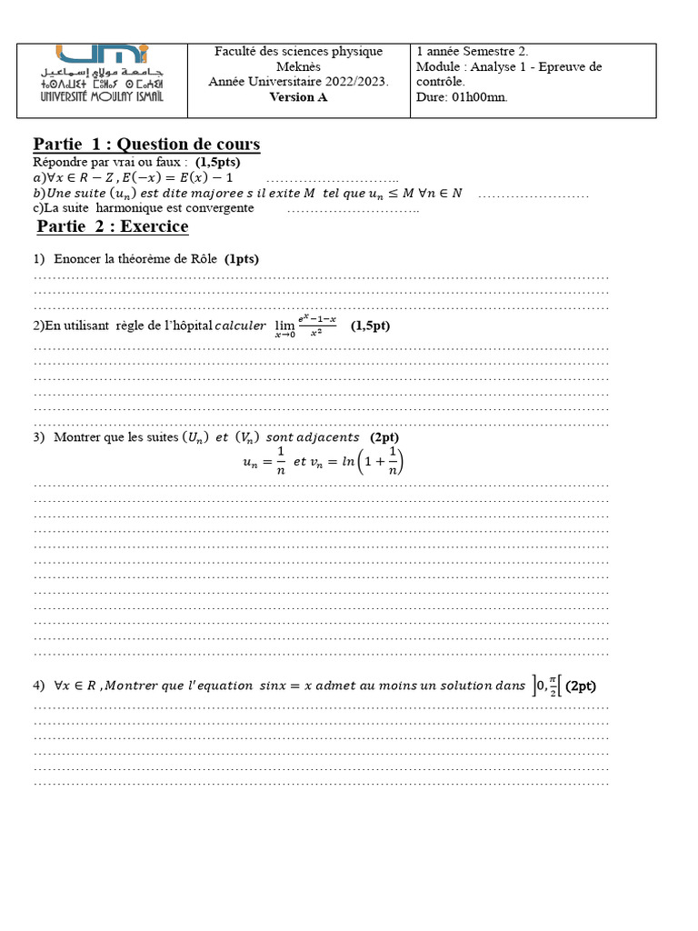 Devoir Analyse 1 version A | PDF