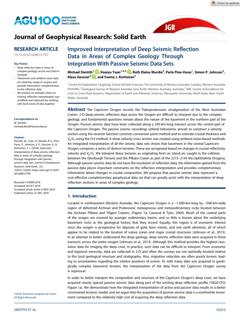 JGR Solid Earth - 2018 - Dentith - Improved Interpretation of Deep Seismic Reflection Data in ...