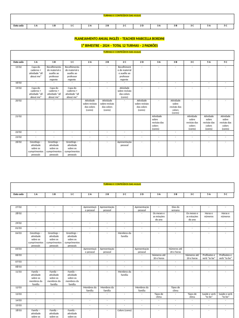 Planejamento Anual Inglês - 2024 | PDF