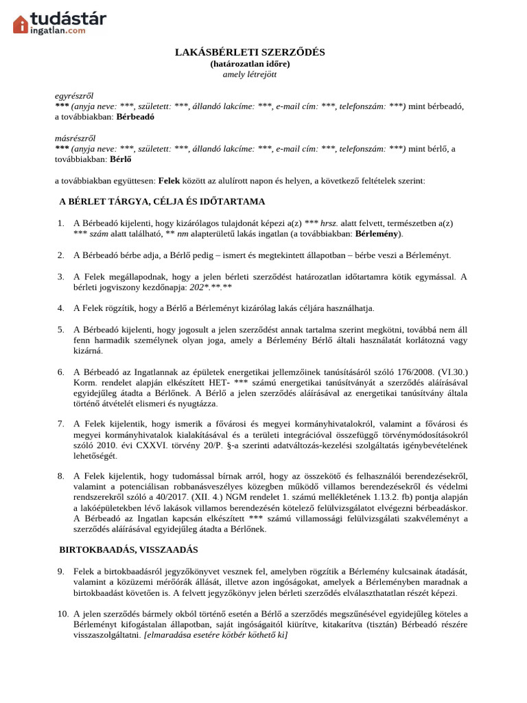 Lakasberleti Szerzodes Hatarozatlan Ideju Minta Ecovis Zalavari Legal ...