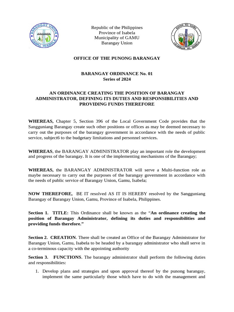 Barangay Administrator Ordinance 2024 | PDF | Government