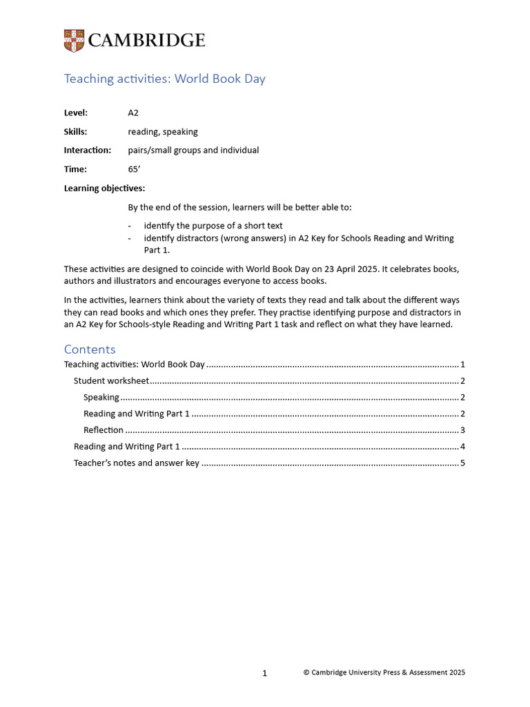 World Book Day A2 Teaching Activities | PDF | Learning | Literacy