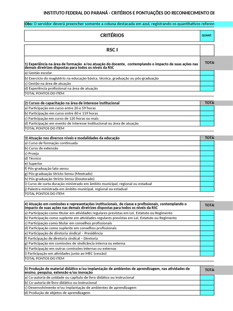 Planilha Pontuacao RSC1 | PDF | Pós-graduação | Academia