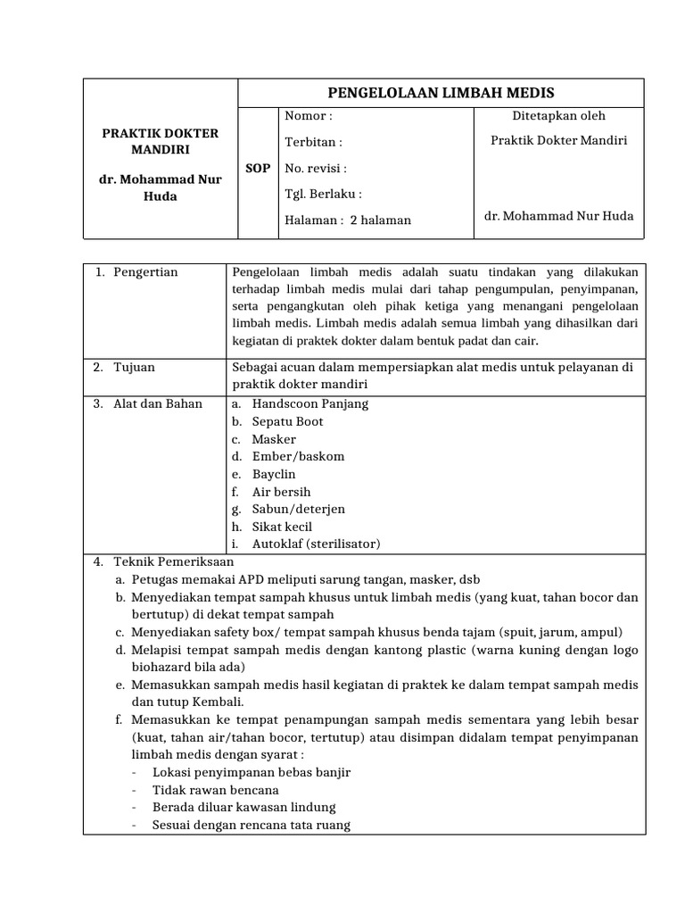 Sop Pengelolaan Limbah Medis | PDF