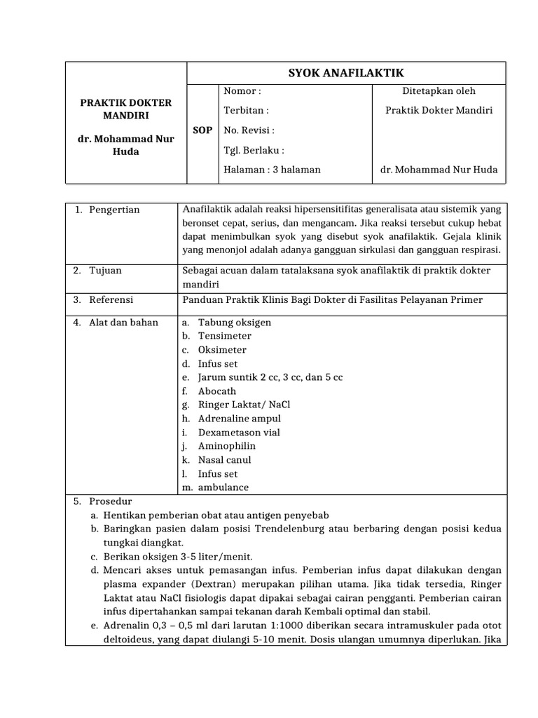 Sop Syok Anafilaktik | PDF