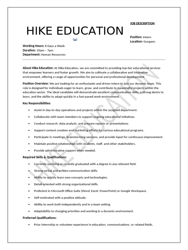 HR Intern Job Description at Hike Education | PDF | Internship | Job ...