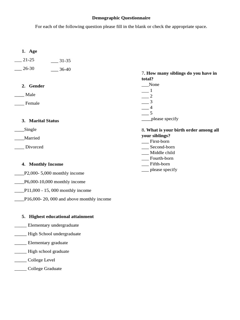 Demographic Profile Questionnaire Sample | PDF