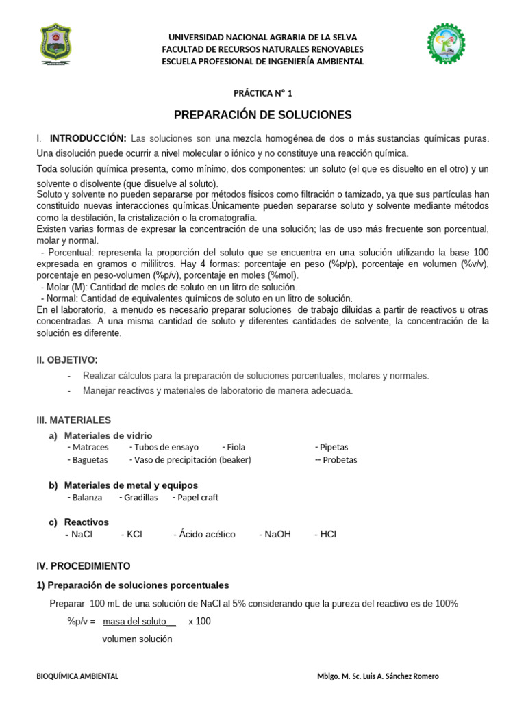 Practica 1 Preparacion de Soluciones | PDF | Concentración | Solvente