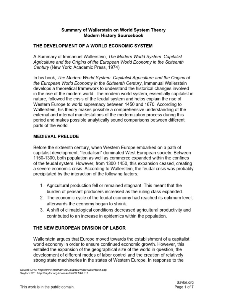 HIST321 6.1.2 Summary of Wallerstein On World System Theory | PDF | World Systems Theory | Economies
