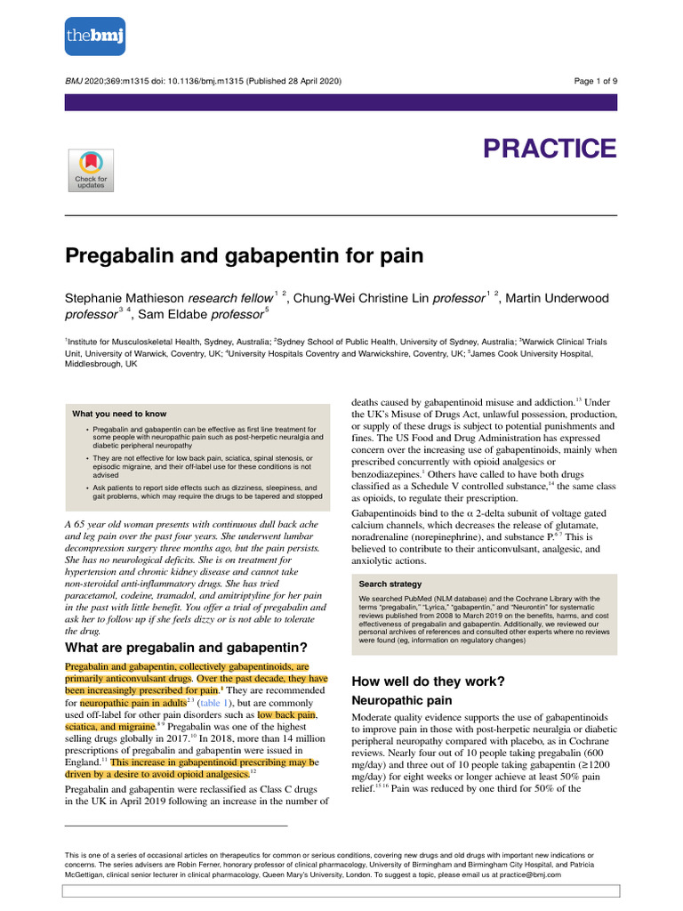 Pregabalin and gabapentin for pain | PDF | Peripheral Neuropathy | Opioid