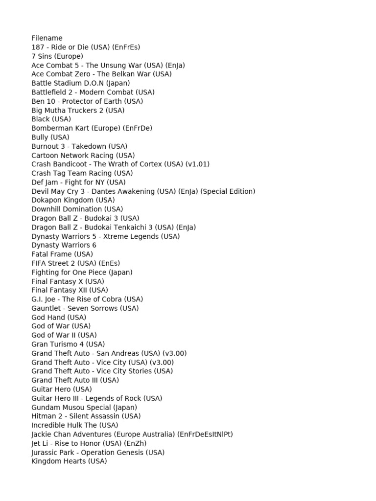 PS2 Game List and Sizes | PDF