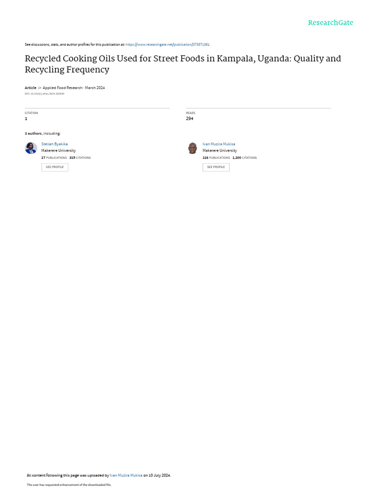 Recycled Cooking Oils Used For Street Foods in Kampala, Uganda: Quality ...