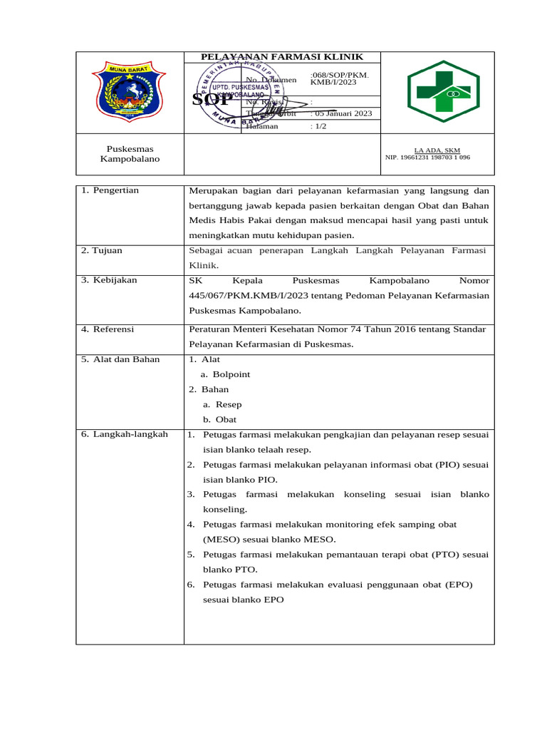 SOP Pelayanan Farmasi Klinik Puskesmas | PDF