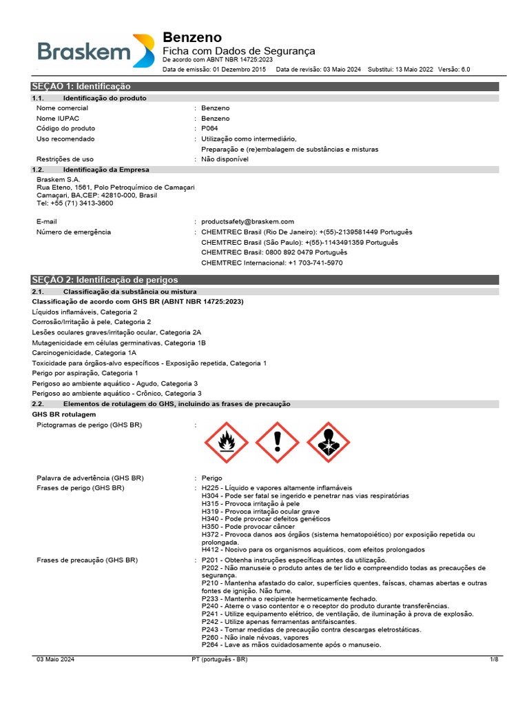 FDS Benzeno BRA Portugues | PDF | Benzeno | Solvente