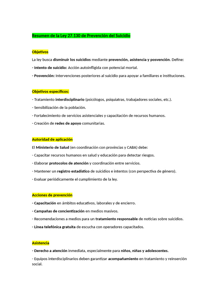 Resumen 4 Ley 27130 de Prevencion Del Suicidio | PDF
