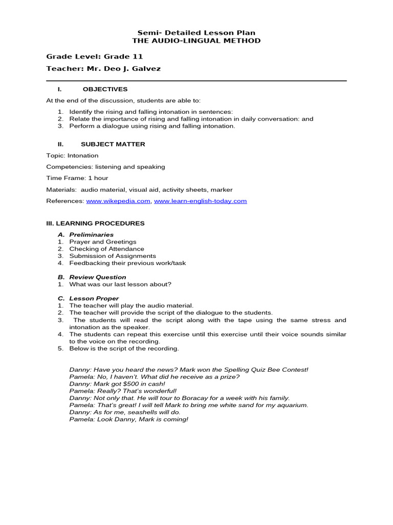 Semi-detailed lesson plan Audio-Lingual method | PDF | Linguistics ...