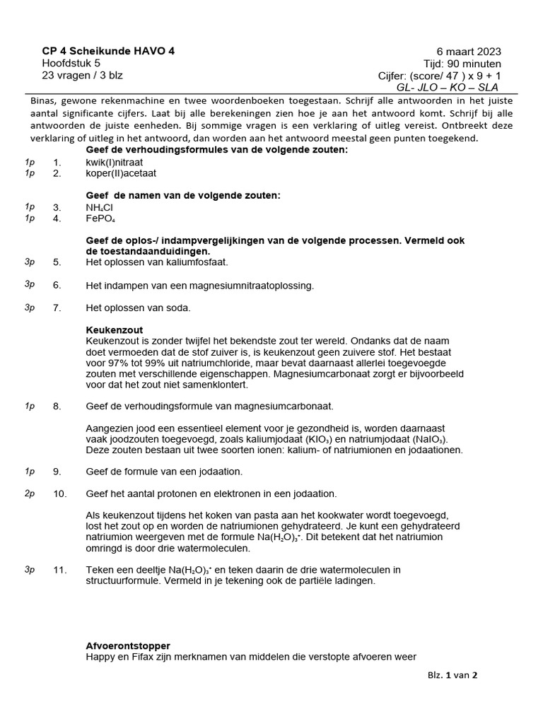 Hoofdstuk 5 23 Vragen / 3 BLZ 6 Maart 2023 Tijd: 90 Minuten Cijfer: (Score/ 47) X 9 + 1 | PDF