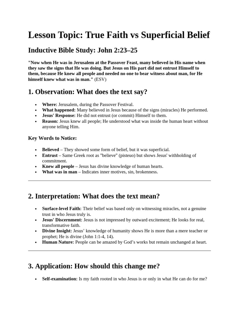Lesson Topic True Faith Vs Superficial Belief | PDF