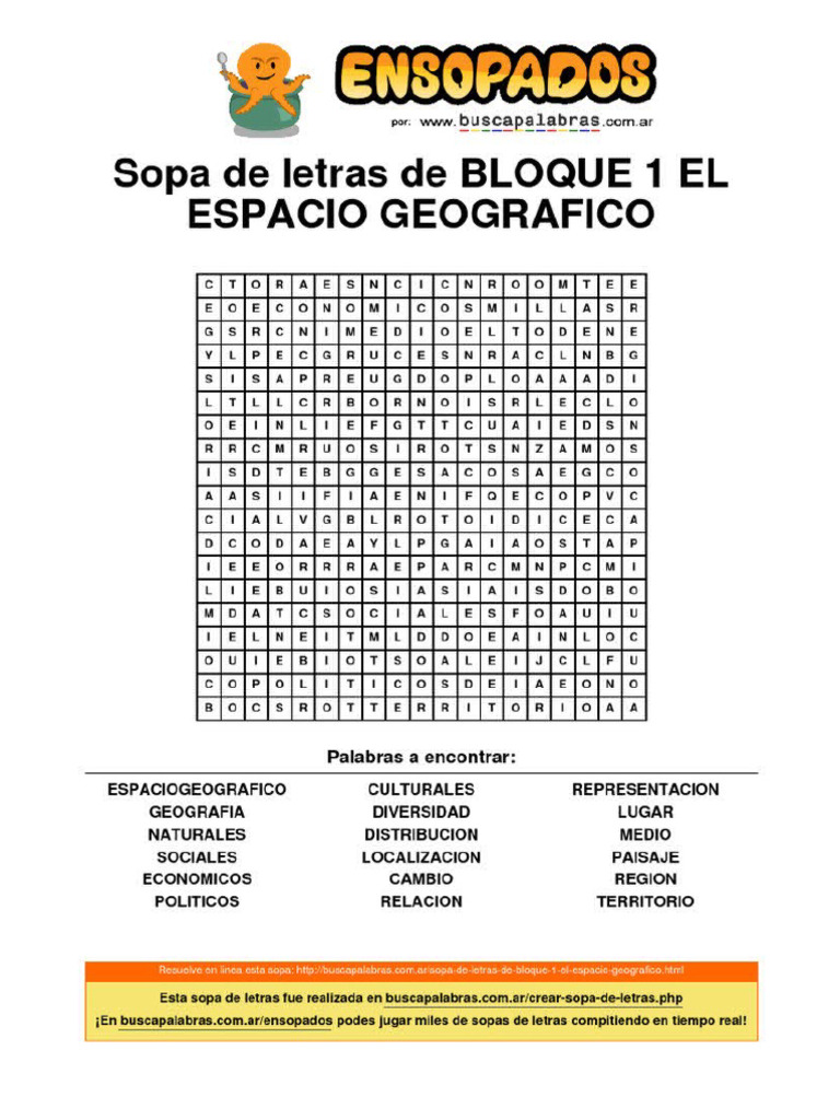 Sopa de letras componentes espacio geográfico | PDF
