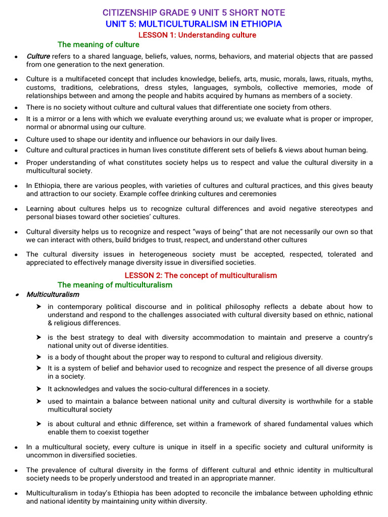 Citizenship Grade 9 Unit 5 Short Note | PDF | Multiculturalism | Gender