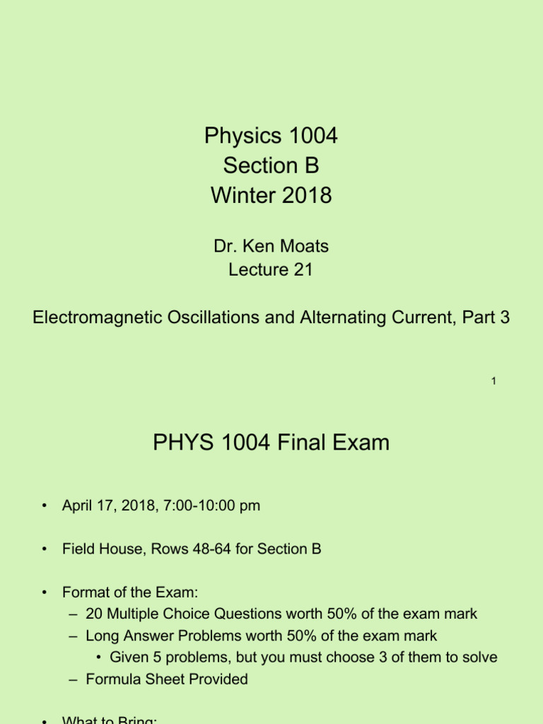 PHYS 1004B W2018 Lecture 21 | PDF | Inductor | Resonance