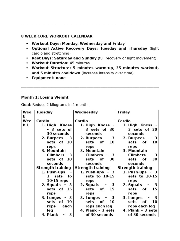 8 Week Core Workout Calendar | PDF | Strength Training | Aerobic Exercise