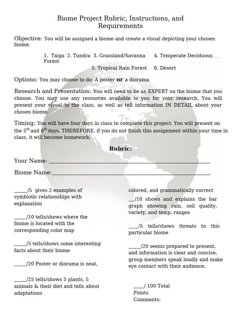 Biome Project Guidelines and Rubric | PDF | Ecosystem | Earth Sciences