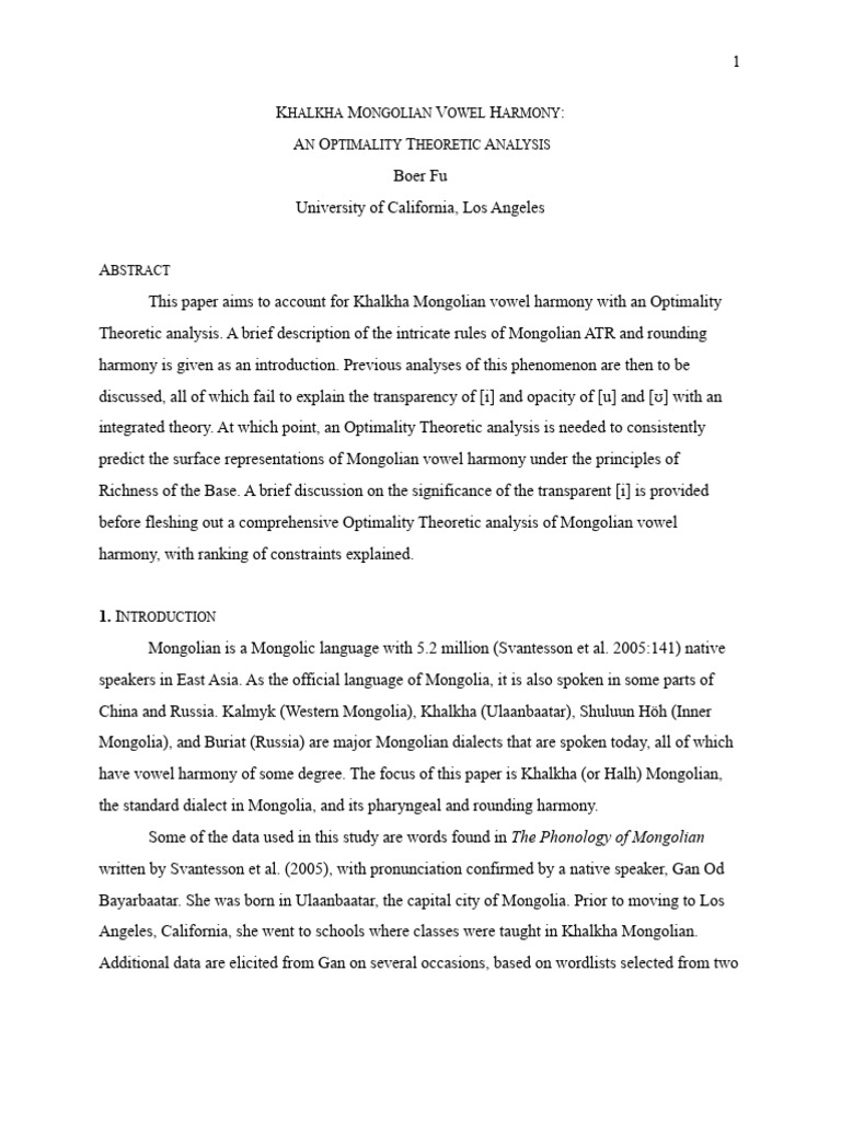 Khalkha Mongolian Vowel Harmony Analysis | PDF | Phoneme | Vowel