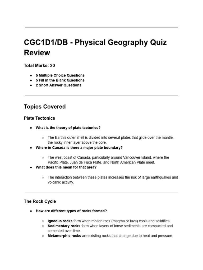 CGC1D1 - DB - Physical Geography Quiz Review Refine | PDF | Rock ...