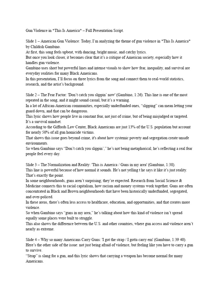 Gun Violence in - This Is America - Full Presentation Script | PDF