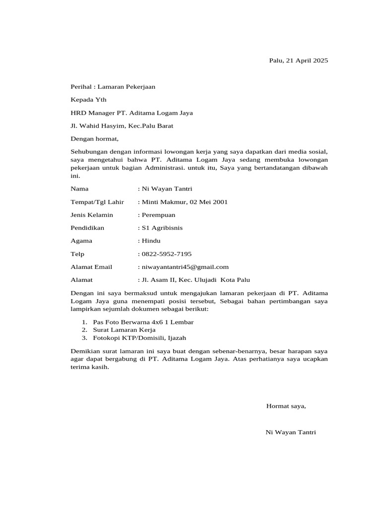 SURAT LAMARAN Aditama | PDF