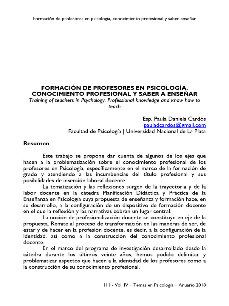 Cardós (2018) Formación de Profesores en Psicología. Conocimiento Profesional y Saber A Enseñar ...