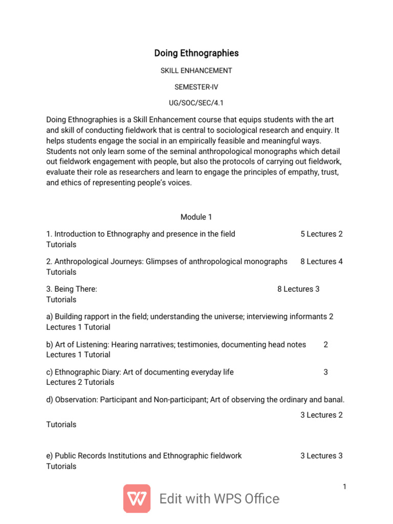 Doing Ethnographies Course and Course Outcomes | PDF | Ethnography | Field Research