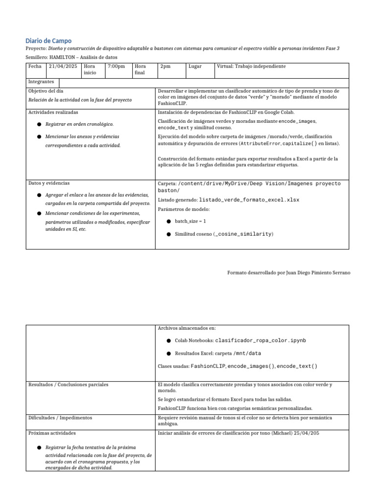 Formato Diario Campo Michael | PDF | Color | Tecnologías de la información
