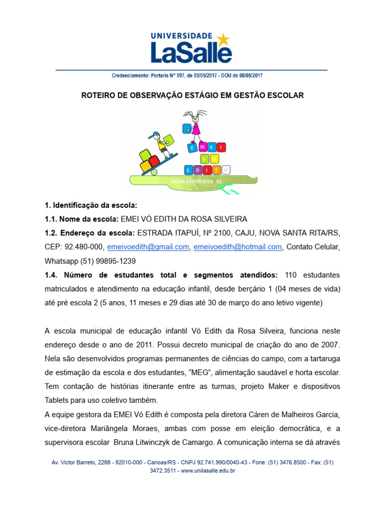 2) ROTEIRO DE OBSERVAÇÃO GESTÃO ALINE HAAS - Documentos Google | PDF