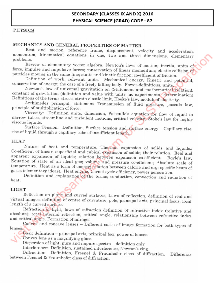 Physical Science Syllabus Class 9 10 - Watermark | PDF