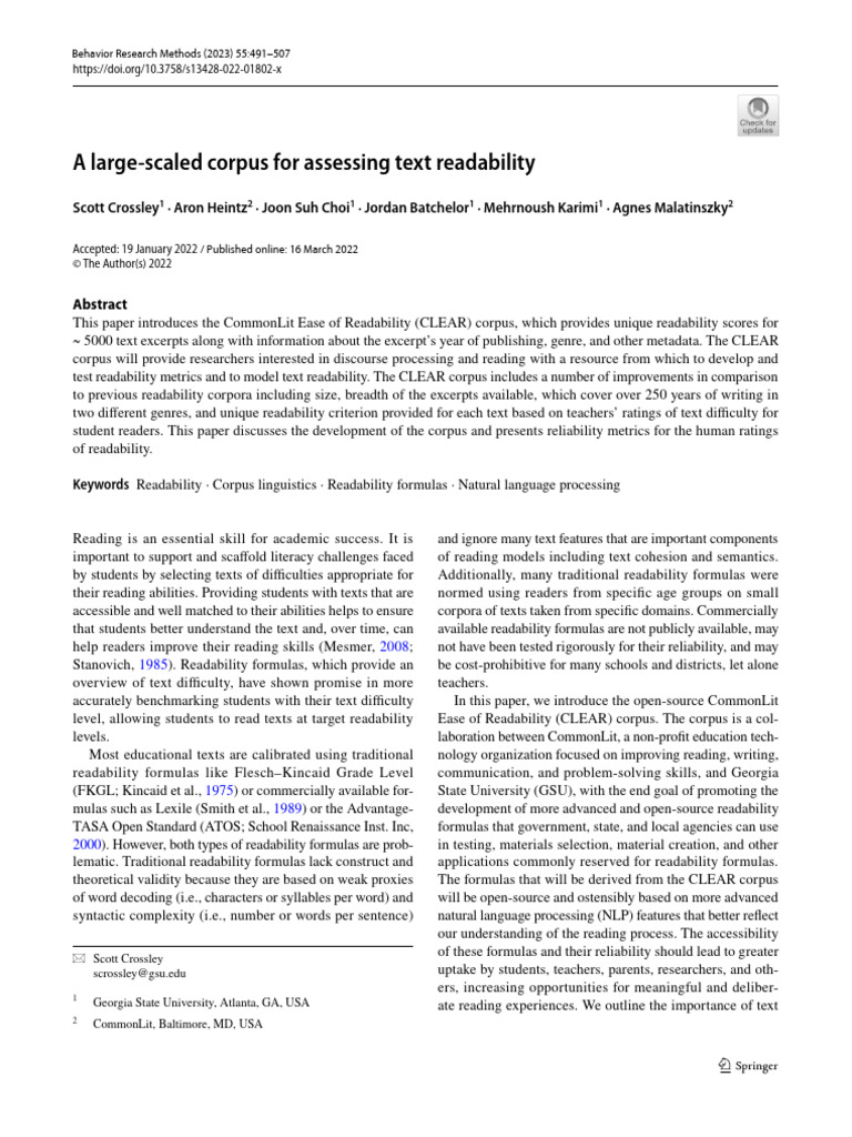 A large-scaled corpus for assessing text readability | PDF | Linguistics