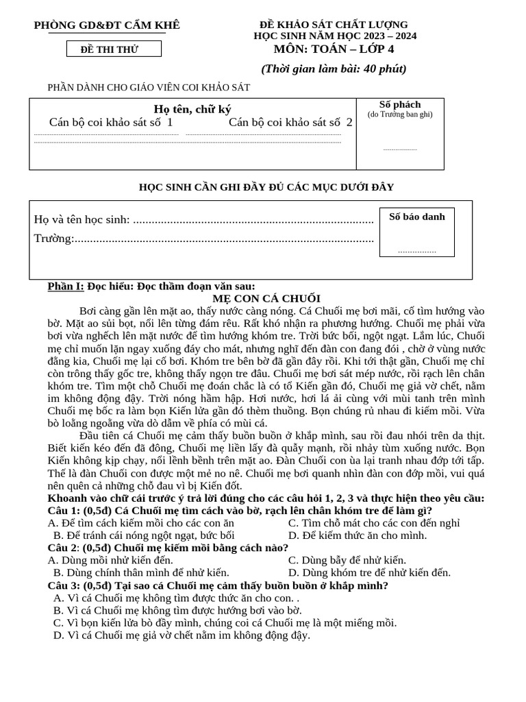 CHANG14-Đề KT KS -T.VIỆT 4- 2023-2024 | PDF