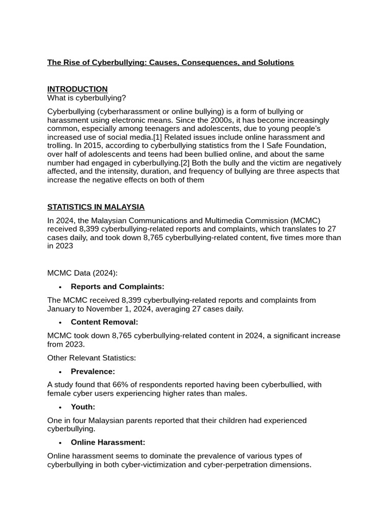 Research Report Presentation ( The Rise Of Cyberbullying Causes, Consequences, and Solutions ...