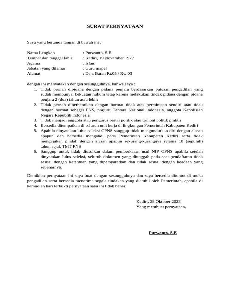 Surat Peryataan | PDF