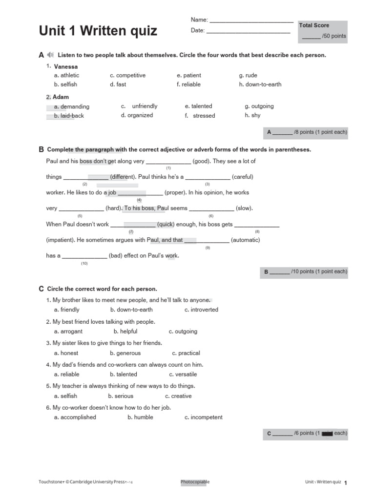Touchstone 3 Quiz Unit 4-6 | PDF | Adjective