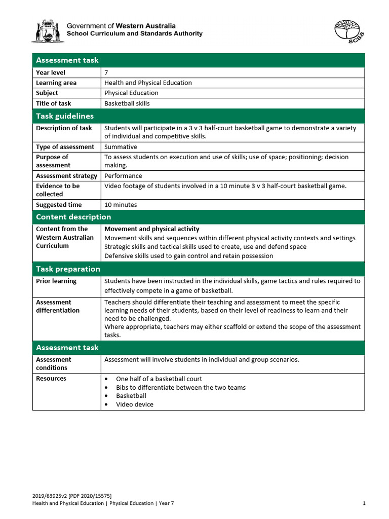2020 Year 7 Physical Education Task and Marking Key Basketball | PDF ...