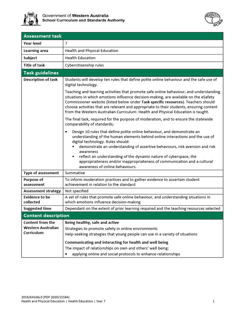 Year 7 Cybercitizenship Rules Task | PDF | Educational Assessment ...